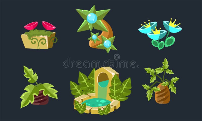Fantasy Landscape Elements Set, Fantastic Trees, Plants and Flowers ...