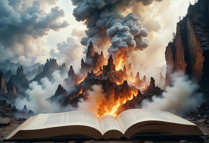 A Fantasy Landscape Emerging from an Open Book Stock Illustration ...
