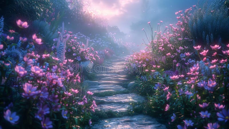 Fantasy Landscape, an Ethereal Garden Under Twilight, Radiating ...