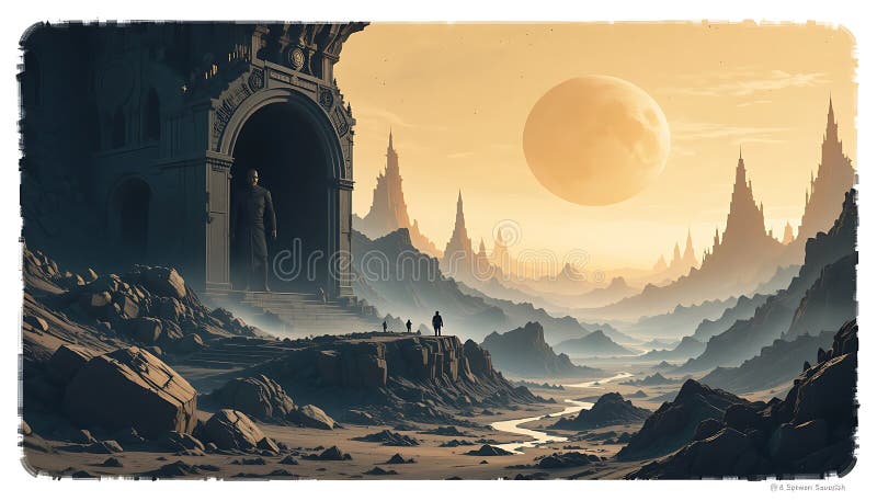 Distant Landscape with Figures and Large Celestial Body Fantasy Art ...