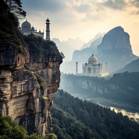 Fantasy Mountain Landscape with Taj Mahal Stock Illustration ...