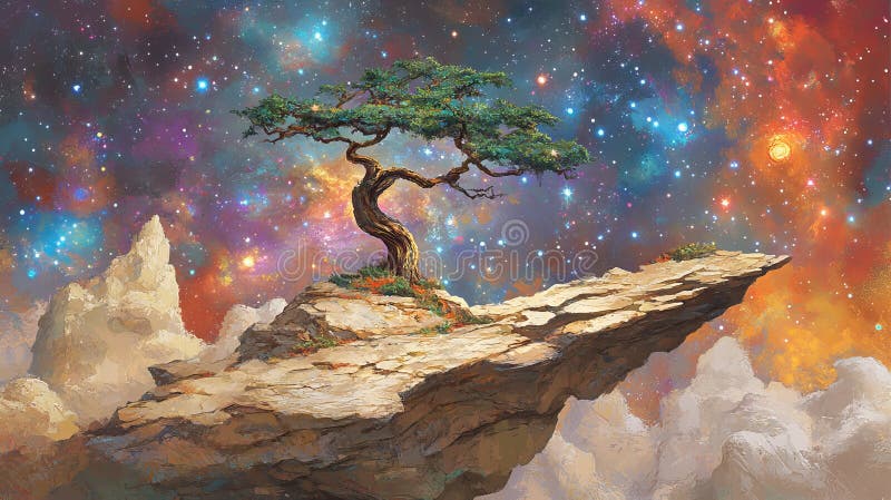 Fantasy Landscape Featuring the Tree of Life Set Against a Celestial ...
