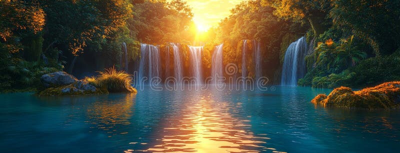 A Fantasy Landscape Featuring Waterfalls, Showcased in a Panoramic View ...