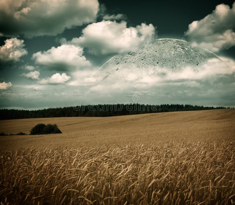 Fantasy Landscape with Field, Moon and Clouds Stock Image - Image of ...