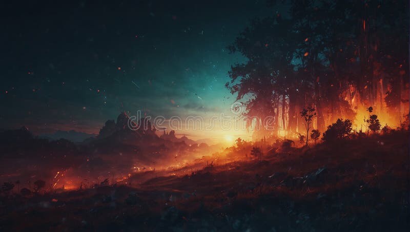 Fantasy Landscape with a Fiery Forest, Distant Mountains, and a ...