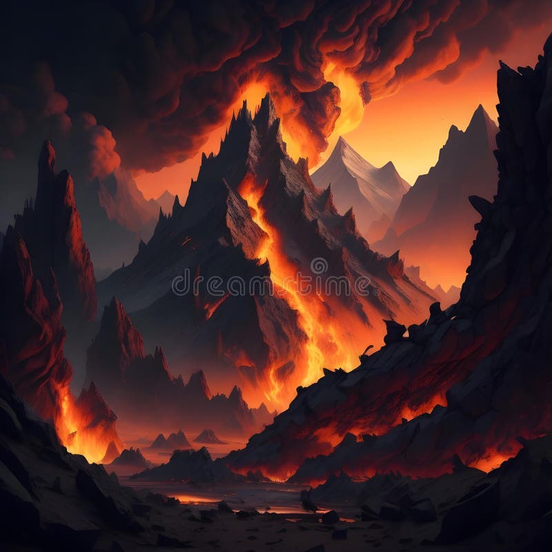 Fantasy Landscape with Fire and Mountains. Generative Ai Stock ...