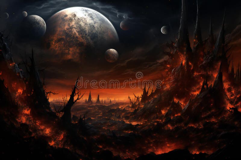 Fantasy Landscape with Fire and Planet Stock Illustration ...