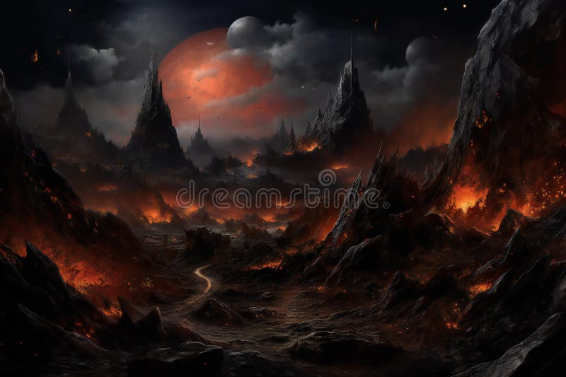 Fantasy Landscape with Fire and Spooky Halloween Background Stock ...