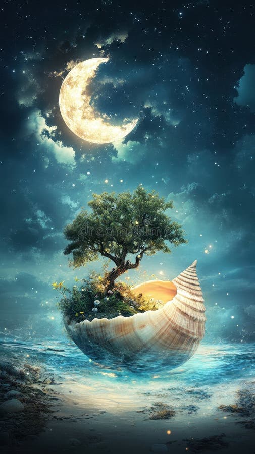 Fantasy Landscape with Floating Shell Island and Moon Stock Image ...