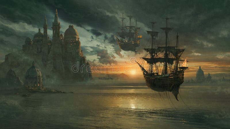Fantasy Landscape with Flying Ship Stock Illustration - Illustration of ...