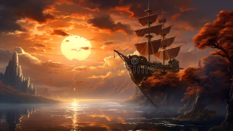 Fantasy Landscape with Flying Ship - Generative AI Stock Image - Image ...