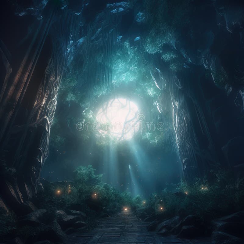 Generative AI: Fantasy Landscape in a Forest with a Big Moon in the ...