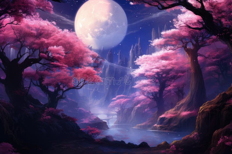 Fantasy Landscape with Fantasy Forest and Full Moon, 3d Illustration, a ...