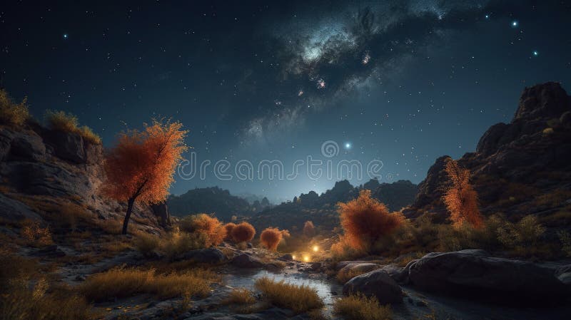 Fantasy Landscape With Forest And Milky Way Generative Ai Stock Image
