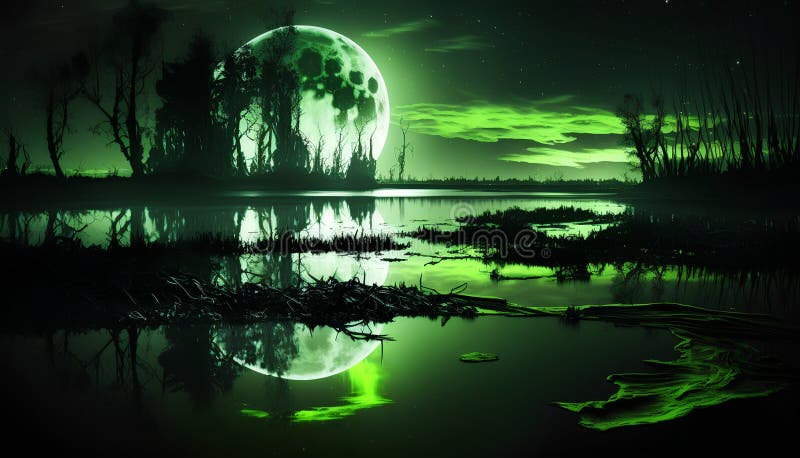 Fantasy Landscape with Full Moon and Green Trees in the Forest. Stock ...