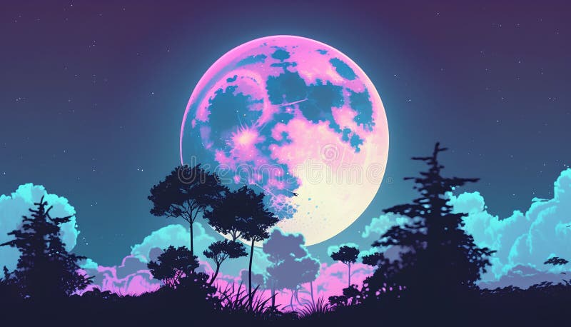 Fantasy Landscape with a Full Moon in the Night Sky. Vector ...