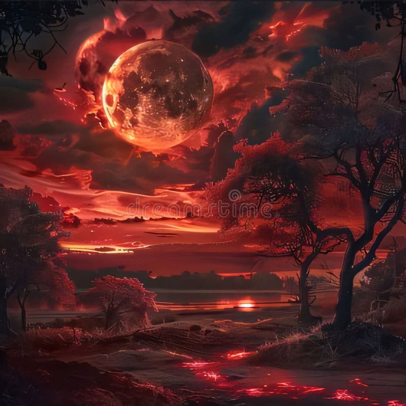 Fantasy Landscape with a Full Moon in the Sky and a Forest Stock ...