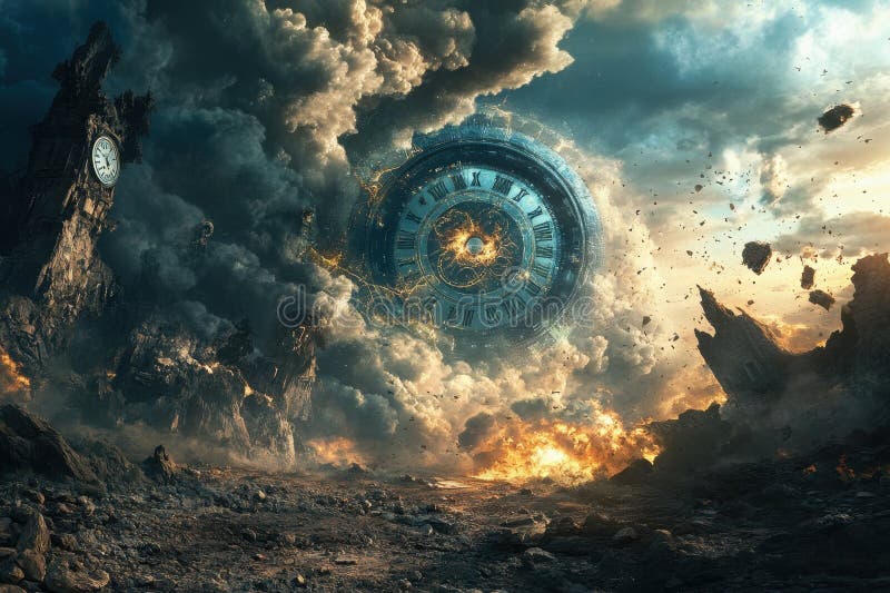 Fantasy Landscape with a Giant Clock Amidst a Dramatic Explosion and ...
