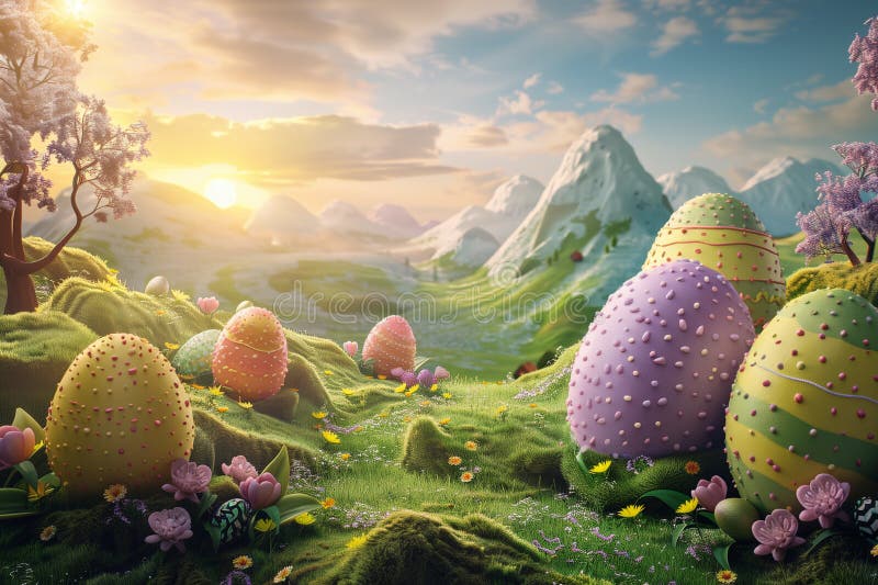 Fantasy Landscape with Giant Easter Eggs, Each Painted with Unique ...