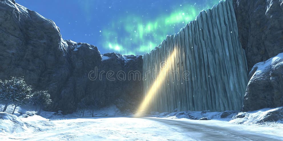 Fantasy Landscape with a Giant Ice Wall and Aurora Borealis Generated ...