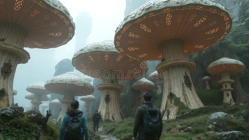 Fantasy Landscape with Giant Mushroom Structures Hikers Explore Magical ...