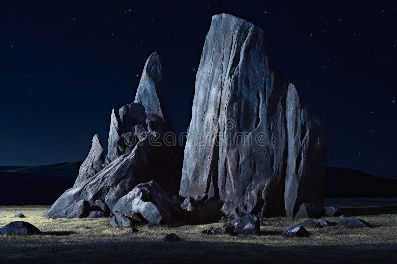 Fantasy Landscape with Giant Rocks at Night Stock Illustration ...