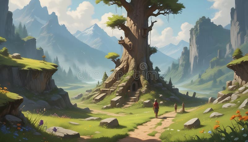 A Fantasy Landscape with a Giant Tree, a Path, and Figures Walking ...