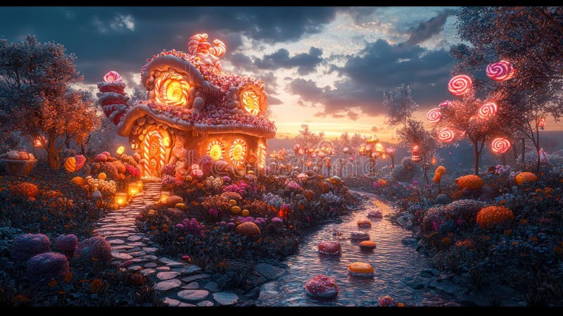 Fantasy Landscape with Gingerbread House and Candy Lights Stock ...