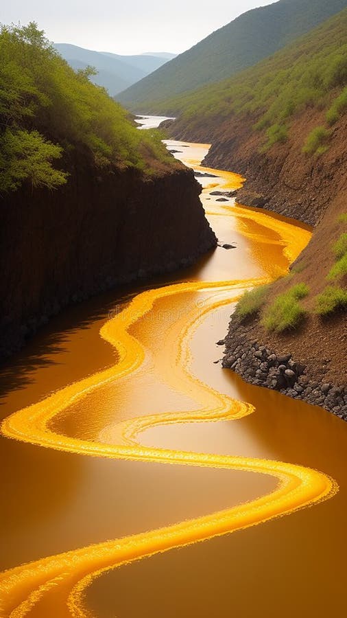 A Fantasy Landscape with a Golden River in the Mountains. Golden Water ...