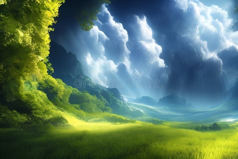 Fantasy Landscape with Green Grass and Cloudy Sky. 3d Render Stock Illustration - Illustration ...