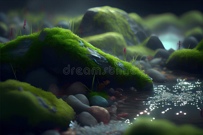 Fantasy Landscape with Green Moss and Stones in Water. 3d Render Stock ...