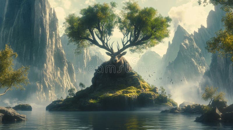 Fantasy Landscape with Green Tree on Mountain Lake Stock Illustration ...