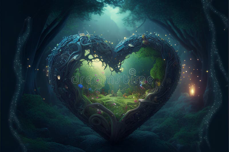 Fantasy Landscape with a Heart in the Forest. 3D Rendering Stock ...