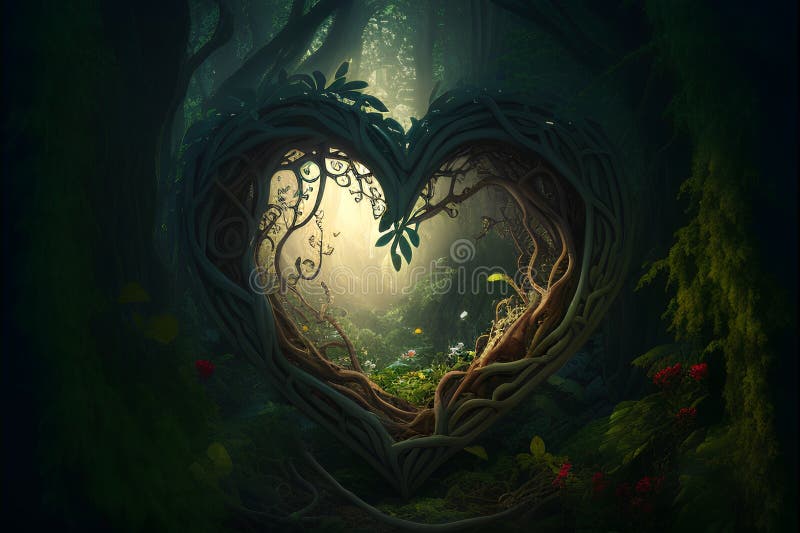 Fantasy Landscape with Heart Shaped Trees and Plants in a Dark Forest ...