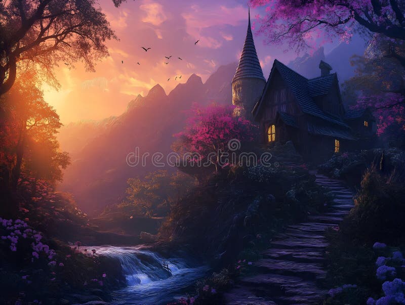 Fantasy Landscape, House in Forest, Sunset, Magical Scene Stock ...