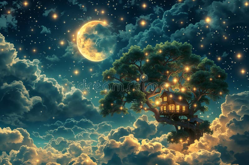 Fantasy Landscape with House on the Tree and Full Moon in the Sky Stock ...