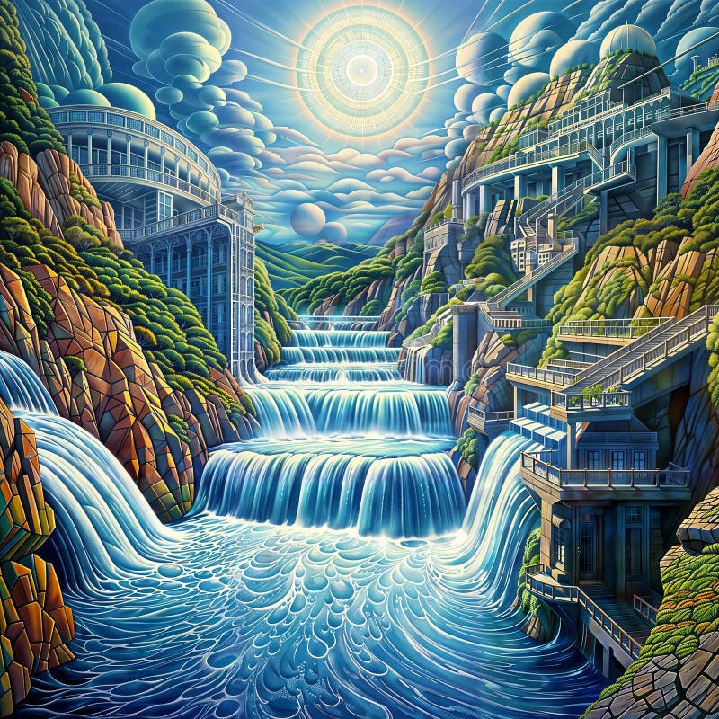Fantasy Landscape with Hydroelectric Power Plant and Waterfall in the ...