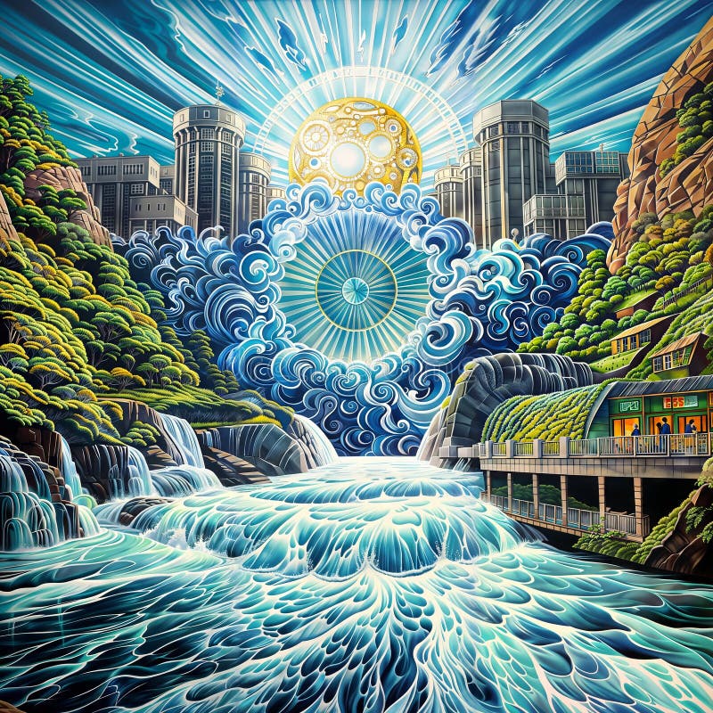 Fantasy Landscape with Hydroelectric Power Station. Vector Illustration ...