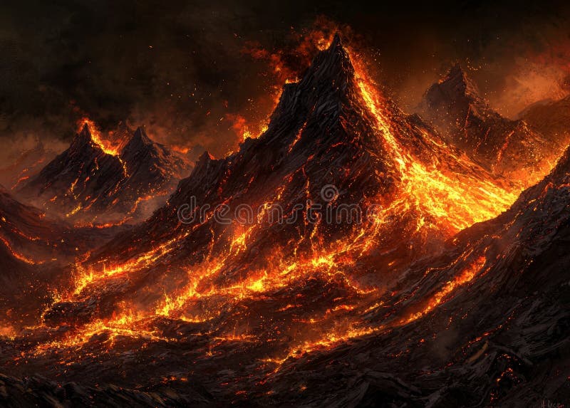 This Fantasy Landscape Illustration Shows Lava and Mountains Stock ...