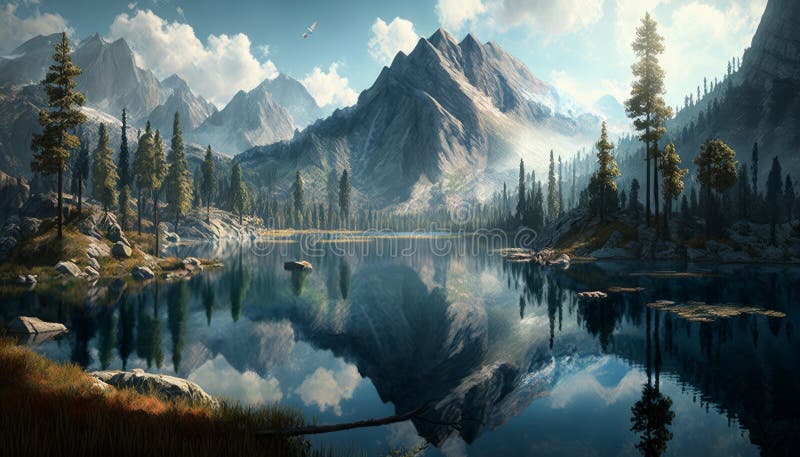 Fantasy Landscape with Lake and Mountains in the Background. Generative ...