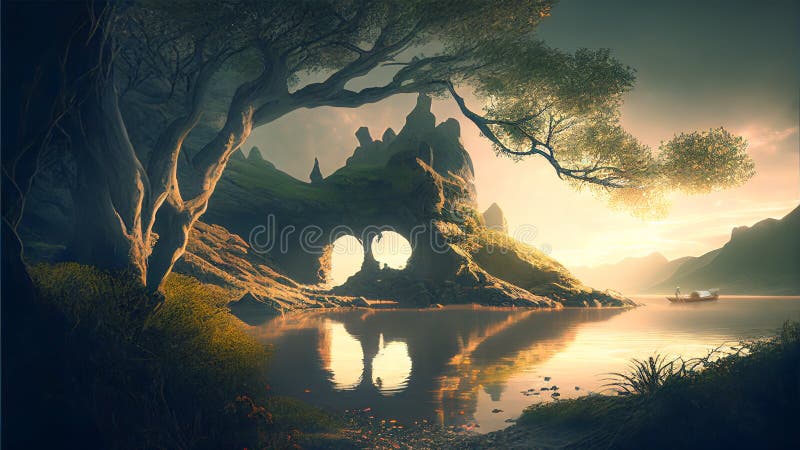 Fantasy Landscape Lake in Sunset Stock Illustration - Illustration of ...
