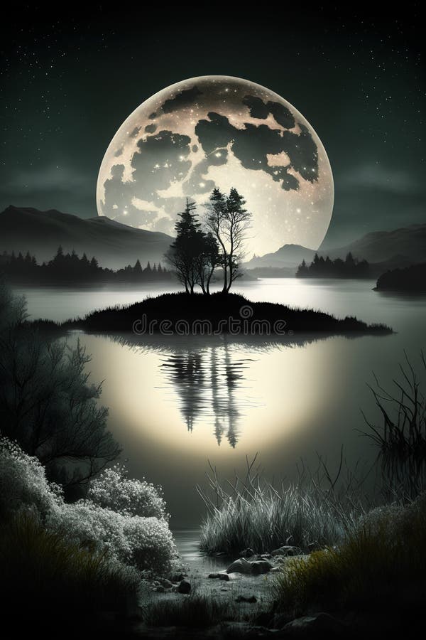 Illustration of a Full Moon and Cherry Blossom Tree in Full Bloom Stock ...