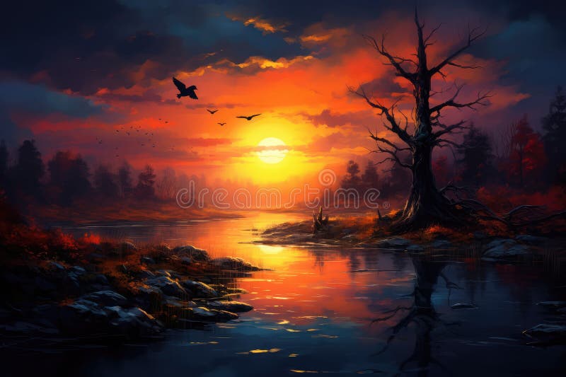 Fantasy Landscape with a Lake, Trees and Birds at Sunset Stock ...