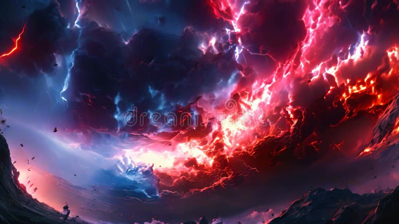 Fantasy Landscape with Lightning in the Night Sky. 3d Rendering, Space ...