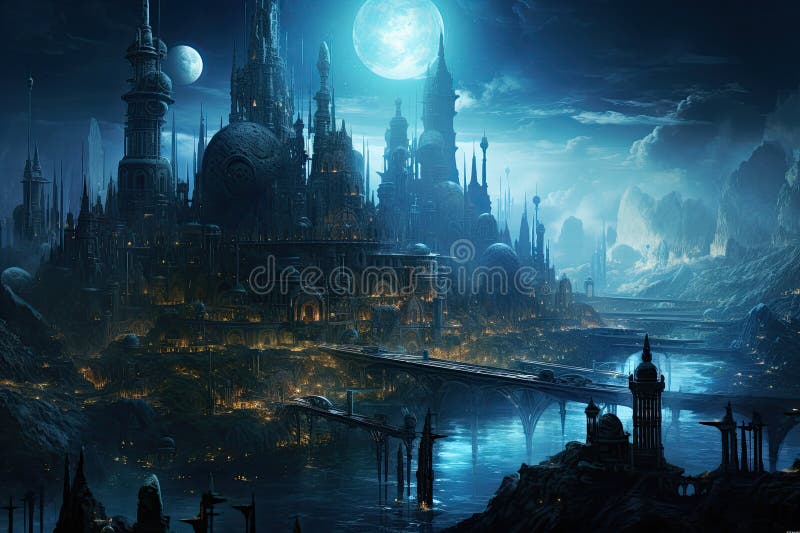 Fantasy Landscape with Magic City and Bridge. 3D Illustration, AI ...