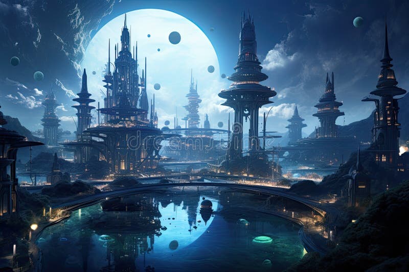 Fantasy Landscape with Magic City. 3D Illustration Stock Illustration ...