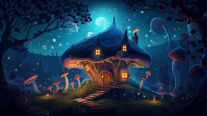 Fantasy Landscape with Magic Mushroom House in the Forest at Night ...