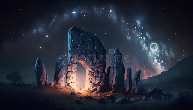 Fantasy Landscape with Magic Stone Arch at Night. 3d Rendering Stock ...