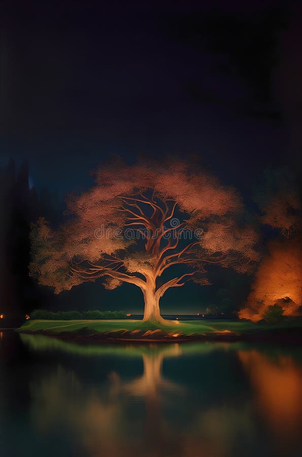 Fantasy Landscape Magic Tree by Lake Side at Night Stock Illustration ...
