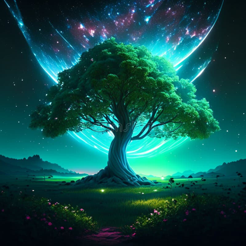 Fantasy Landscape with Tree and Starry Sky. Vector Illustration Stock ...